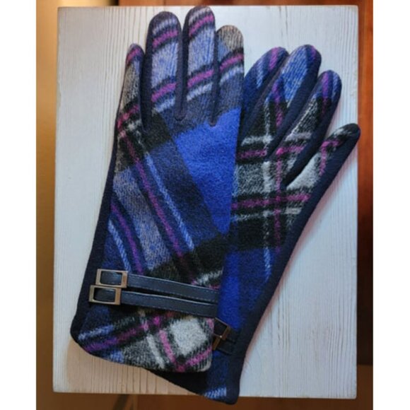 Accessories | Plaid Gloves Blue Pink Faux Leather Trim Gray Cell Phone ...